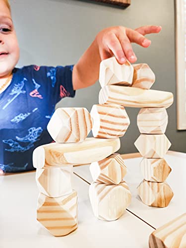 Panda Brothers Wooden Balancing Stones - Montessori Toys for 3 4 5 Year Old Kids and Toddlers Learning Sensory Toy, 20 Large Size Wooden Building Blocks Set of Stacking Stones for Kids Pine Wood Rocks