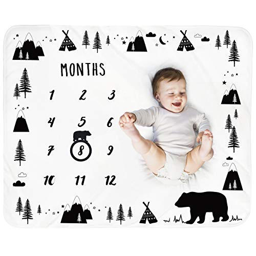 Tebaby Baby Monthly Milestone Blanket Boy - Bear Newborn Month Blanket Unisex Neutral Personalized Shower Gift Woodland Nursery Decor Photography Background Prop with Frame Large 51''x40''