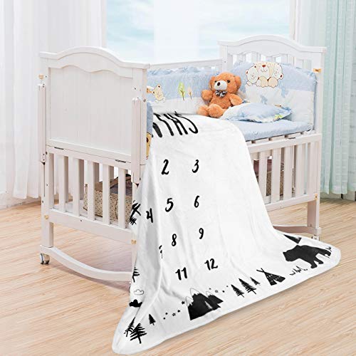 Tebaby Baby Monthly Milestone Blanket Boy - Bear Newborn Month Blanket Unisex Neutral Personalized Shower Gift Woodland Nursery Decor Photography Background Prop with Frame Large 51''x40''