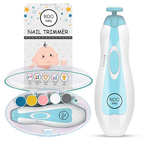 BİDO Baby Nail Trimmer File Electric-Safe Baby Nail Clippers,Manicure Kit for Newborn Toddler and Kids,12 Grinding Heads and LED Light, Pink or Blue (Blue)