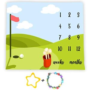 golf sports baby monthly milestone blanket, 48x40in soft flannel, nature outdoor grassland backgrounds, newborn mom gifts, baby shower age growth tracker with bonus maker btlsfs14