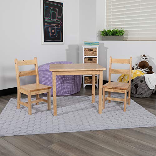 EMMA + OLIVER Kids 3 Piece Solid Hardwood Table and Chair Set for Playroom, Kitchen - Natural