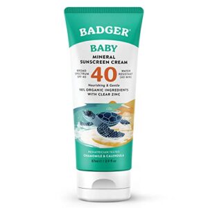 badger baby mineral sunscreen cream spf 40, organic toddler sunscreen with zinc oxide, broad spectrum, reef safe, water resistant, pediatrician tested baby sunblock for sensitive skin, 2.9 fl oz