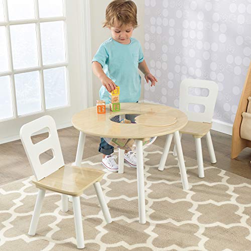 KidKraft Wooden Round Table & 2 Chair Set with Center Mesh Storage - Natural & White, Gift for Ages 3-6 23.5 x 23.5 x 17.3 and Wooden Two-Step Children's Stool with Handles - White, Gift for Ages 3-8