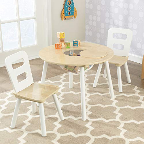 KidKraft Wooden Round Table & 2 Chair Set with Center Mesh Storage - Natural & White, Gift for Ages 3-6 23.5 x 23.5 x 17.3 and Wooden Two-Step Children's Stool with Handles - White, Gift for Ages 3-8