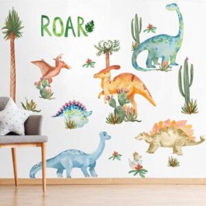 yovkky watercolor dinosaur nursery wall decals, large peel and stick dino tropical plant stickers cactus palm leaf decor, home kitchen decorations boy girl kid baby toddler bedroom playroom art gift