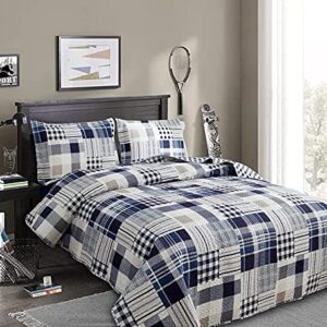 Jarson Patchwork Bedding Plaid Quilts Set Full/Queen Size, 3Pcs Navy Blue Buffalo Bedspreads Summer Lightweight Coverlet Pillow Shams