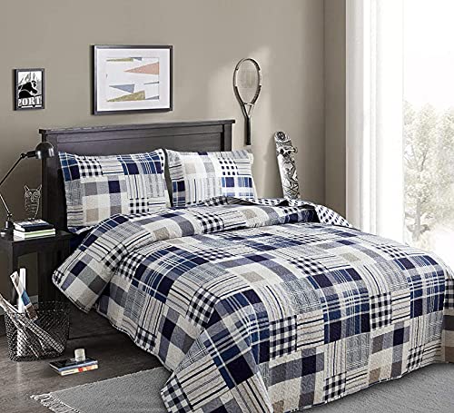 Jarson Patchwork Bedding Plaid Quilts Set Full/Queen Size, 3Pcs Navy Blue Buffalo Bedspreads Summer Lightweight Coverlet Pillow Shams