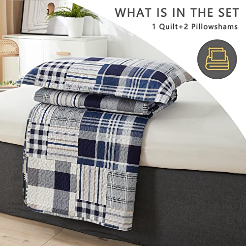 Jarson Patchwork Bedding Plaid Quilts Set Full/Queen Size, 3Pcs Navy Blue Buffalo Bedspreads Summer Lightweight Coverlet Pillow Shams