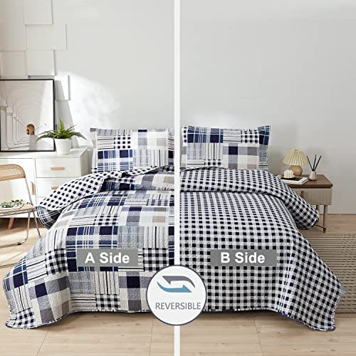 Jarson Patchwork Bedding Plaid Quilts Set Full/Queen Size, 3Pcs Navy Blue Buffalo Bedspreads Summer Lightweight Coverlet Pillow Shams