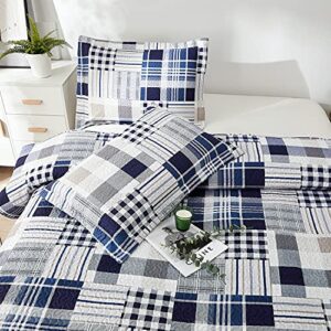 Jarson Patchwork Bedding Plaid Quilts Set Full/Queen Size, 3Pcs Navy Blue Buffalo Bedspreads Summer Lightweight Coverlet Pillow Shams