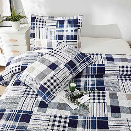 Jarson Patchwork Bedding Plaid Quilts Set Full/Queen Size, 3Pcs Navy Blue Buffalo Bedspreads Summer Lightweight Coverlet Pillow Shams