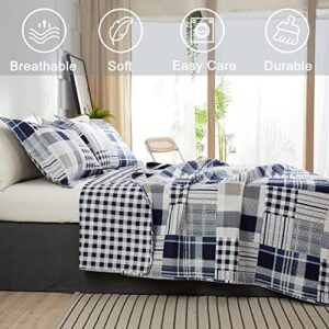 Jarson Patchwork Bedding Plaid Quilts Set Full/Queen Size, 3Pcs Navy Blue Buffalo Bedspreads Summer Lightweight Coverlet Pillow Shams