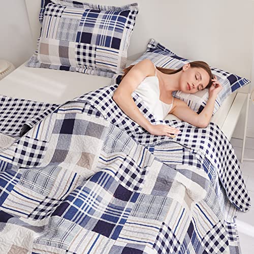 Jarson Patchwork Bedding Plaid Quilts Set Full/Queen Size, 3Pcs Navy Blue Buffalo Bedspreads Summer Lightweight Coverlet Pillow Shams