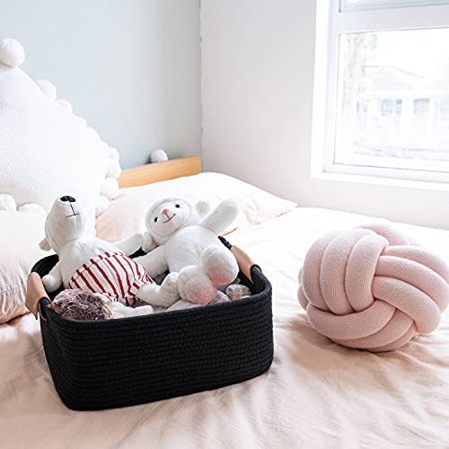 CHICVITA Rectangle Cotton Rope Woven Basket with Handles for Books, Magazines, Toys - Decorative Rectangle Basket for Baby Nursery, Living Room, Bathroom, Black