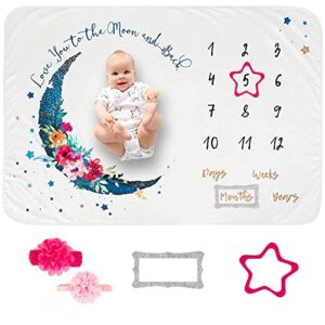 luka&lily monthly milestone blanket for baby girls, 60x40 inches (floral moon)