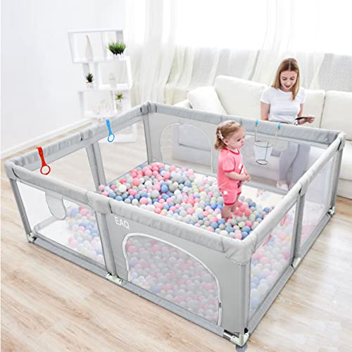 "Baby Playpen(59*70 in), Indoor & Outdoor Kids Activity Center with Anti-Slip Base, Sturdy Safety Play Yard with Super Soft Breathable Mesh, Kid's Fence for Infants Toddlers(GREY-XL)"