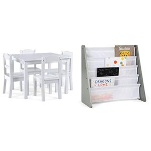 humble crew, white kids wood table and 4 chairs set &, grey/white kids book rack storage bookshelf, 4 tiers