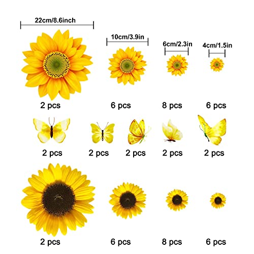 54 Pcs Sunflowers Wall Stickers - Large Sunflower Wall Decals Removable Yellow Flowers for Car Decals Kids Baby Bathroom Living Room