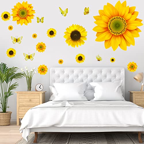 54 Pcs Sunflowers Wall Stickers - Large Sunflower Wall Decals Removable Yellow Flowers for Car Decals Kids Baby Bathroom Living Room