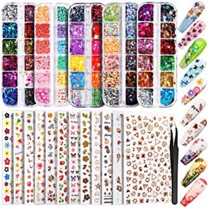 12 sheets nail art sticker 3d self-adhesive, teenitor nail art decoration with 5 boxes holographic nail art glitter flakes butterfly heart star maple leaf nail sequins and nail art flower slices