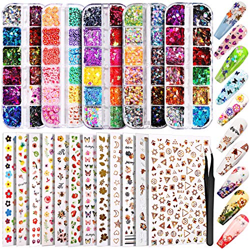 12 Sheets Nail Art Sticker 3D Self-Adhesive, Teenitor Nail Art Decoration with 5 Boxes Holographic Nail Art Glitter Flakes Butterfly Heart Star Maple Leaf Nail Sequins and Nail Art Flower Slices