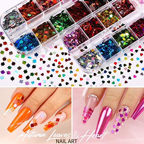 12 Sheets Nail Art Sticker 3D Self-Adhesive, Teenitor Nail Art Decoration with 5 Boxes Holographic Nail Art Glitter Flakes Butterfly Heart Star Maple Leaf Nail Sequins and Nail Art Flower Slices