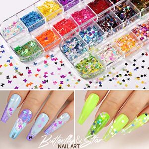 12 Sheets Nail Art Sticker 3D Self-Adhesive, Teenitor Nail Art Decoration with 5 Boxes Holographic Nail Art Glitter Flakes Butterfly Heart Star Maple Leaf Nail Sequins and Nail Art Flower Slices