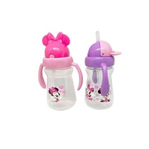 Disney Cudlie Minnie Mouse Baby Girl 2 Pack of 6 Oz Sippers Handles Pop Up Straw Character Molded Lid in Pink & Purple