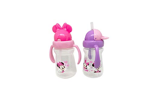 Disney Cudlie Minnie Mouse Baby Girl 2 Pack of 6 Oz Sippers Handles Pop Up Straw Character Molded Lid in Pink & Purple