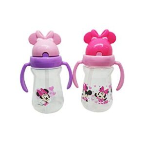 Disney Cudlie Minnie Mouse Baby Girl 2 Pack of 6 Oz Sippers Handles Pop Up Straw Character Molded Lid in Pink & Purple