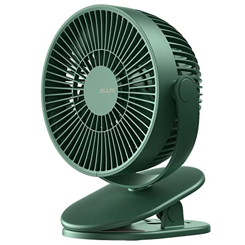 JISULIFE Clip on Baby Stroller Fan, 4000mAh Battery Operated Fan, Portable Personal Small Fan, Quiet & Narrow Slot Design, 4 Speeds, Max 14 Hrs, Ideal for Bed, Desk, Car Seat - Dark Green