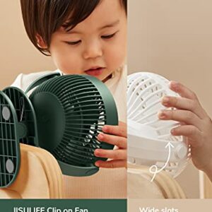 JISULIFE Clip on Baby Stroller Fan, 4000mAh Battery Operated Fan, Portable Personal Small Fan, Quiet & Narrow Slot Design, 4 Speeds, Max 14 Hrs, Ideal for Bed, Desk, Car Seat - Dark Green