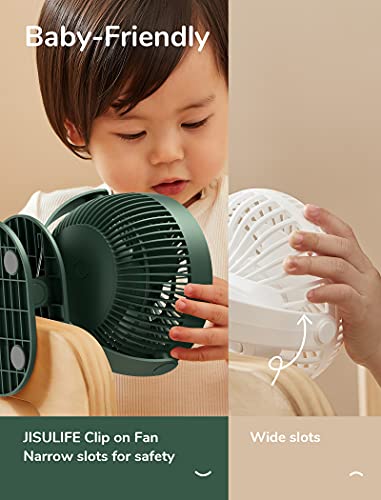 JISULIFE Clip on Baby Stroller Fan, 4000mAh Battery Operated Fan, Portable Personal Small Fan, Quiet & Narrow Slot Design, 4 Speeds, Max 14 Hrs, Ideal for Bed, Desk, Car Seat - Dark Green