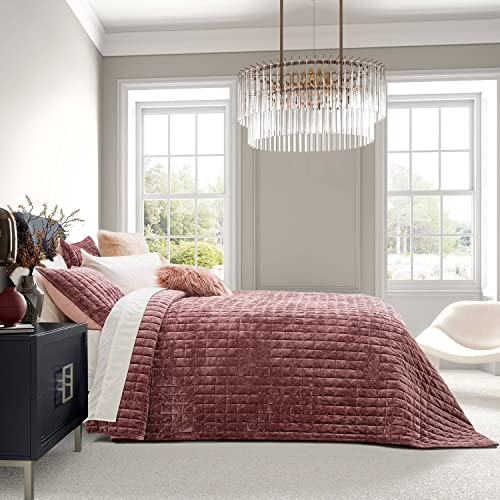 RECYCO Luxury Velvet Quilt Set King Size, Lightweight Velvet Comforter Set, Oversized Bedspread Coverlet Quilted Bedding Set, with 2 Matching Pillow Shams, for All Season, Dusty Mauve Pink