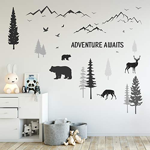 Tenare 3 Sheets Nursery Wall Decals Dreamy Forest with Pine Tree Animal Deer and Mountain Decals Inspirational Quote Wall Stickers DIY Wall Decals for Kids' Room Living Room Bedroom (Simple Style)