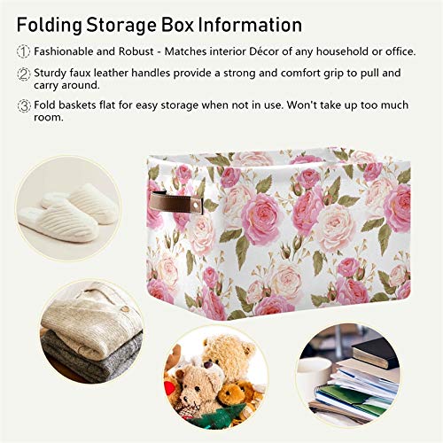 SEULIFE Floral Flower Rose Pink Foldable Storage Basket, Large Collapsible Organizer Storage Bin Cube Toys Storage Boxes with Handles for Bathroom Kids Nursery Closet Storage, 1 Pack