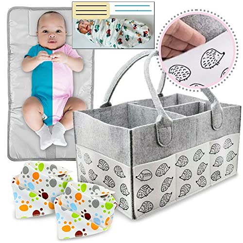 Kuul-Diaper Caddy Organizer-FREE CHANGING PAD MAT & BIBS-Compartments Inserts-Baby Boy Or Baby Girl-Cot, Crib, Pram, Car-Large Diaper Stackers & Caddies-Diaper Changing-Baby Shower Gift-Portable Non Rope Basket -Newborn Essentials Must Haves For Changing