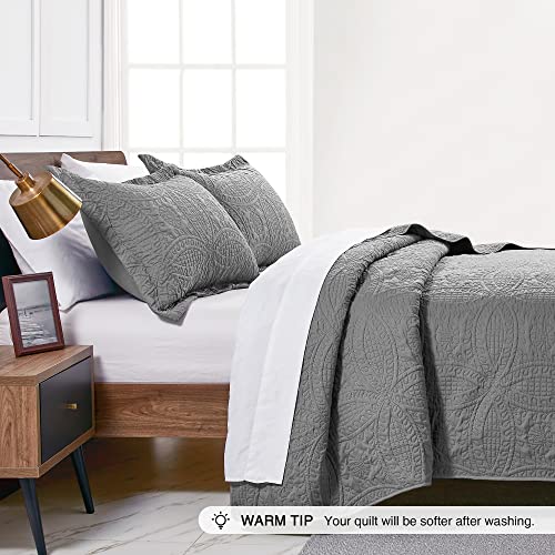 Love's cabin King Size Quilt Set Grey Soft Bed Summer Bedspreads - Lightweight Microfiber- Modern Style Coin Pattern Coverlet for All Season - 3 Piece (1 Quilt, 2 Pillow Shams)