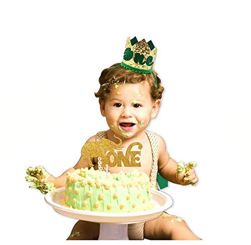 Ullovit First 1st Birthday Crown for Baby Boys Prince, Sparkle Gold Green Wild One Birthday Hat Headband Cake Smash Photo Decoration by Moonlightgo