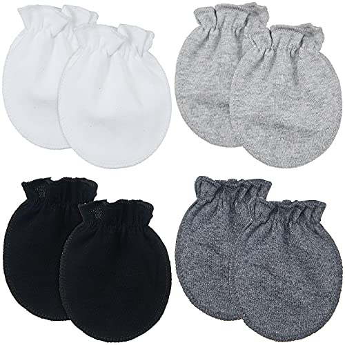 4 Pairs Newborn Baby Cotton Mittens No Scratch Gloves Newborn Mittens for 0-6 Months Baby (White, Light Gray, Gray, Black)