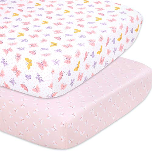 The Peanutshell Butterfly Fitted Crib Sheet Set for Baby Girls - 2 Pack - Pink, Gold, & Lavender