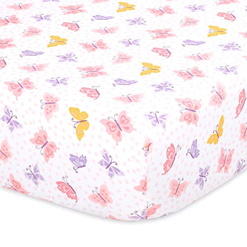 The Peanutshell Butterfly Fitted Crib Sheet Set for Baby Girls - 2 Pack - Pink, Gold, & Lavender