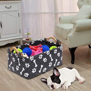 Geyecete dog toy box bin storage basket bins - with Wooden Handle, Printing felt Pet supplies storage Toy Chest Storage Trunk-Gray