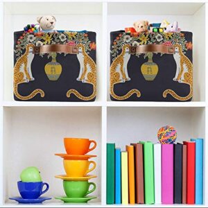 Chinese Tiger Chinoiserie Flower Foldable Storage Basket, Large Collapsible Organizer Storage Bin Cube Toys Storage Boxes with Handles for Bathroom Kids Nursery Closet Storage, 2 Pack