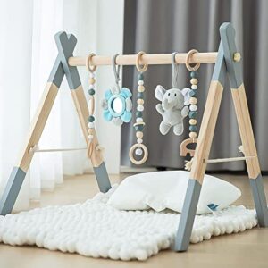 wooden baby play gym foldable frame activity gym hanging bar with 5 gym baby toys natural gift for newborn baby (foldable grey)