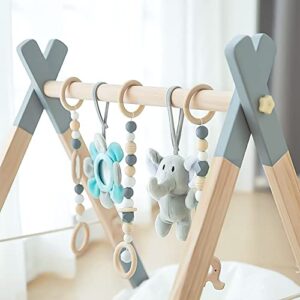 Wooden Baby Play Gym Foldable Frame Activity Gym Hanging Bar with 5 Gym Baby Toys Natural Gift for Newborn Baby (Foldable Grey)