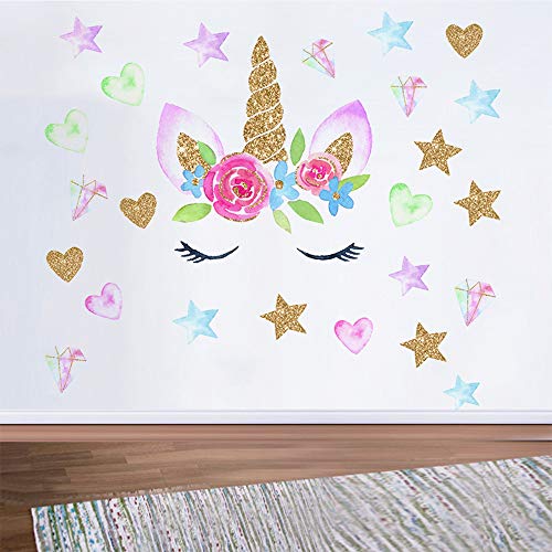 heshengzaixian Unicorn Horn Wall Stickers, Unicorn Face Star Heart Wall Decals for Girls Bedroom, Baby Girl Nursery Kid’s Birthday Decoration,Girl's Room Decor