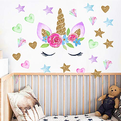 heshengzaixian Unicorn Horn Wall Stickers, Unicorn Face Star Heart Wall Decals for Girls Bedroom, Baby Girl Nursery Kid’s Birthday Decoration,Girl's Room Decor