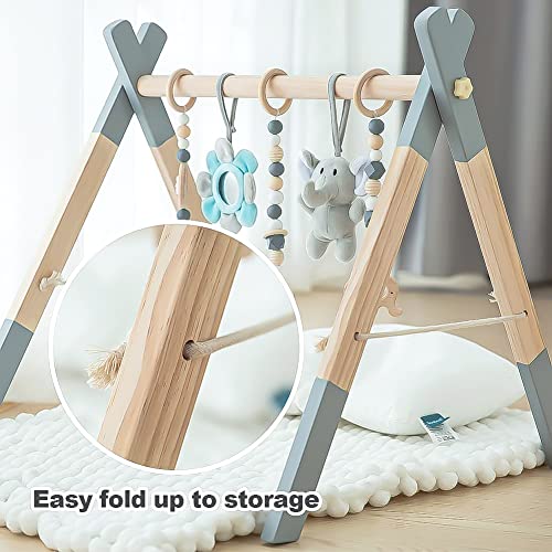 Wooden Baby Play Gym Foldable Frame Activity Gym Hanging Bar with 5 Gym Baby Toys Natural Gift for Newborn Baby (Foldable Grey)